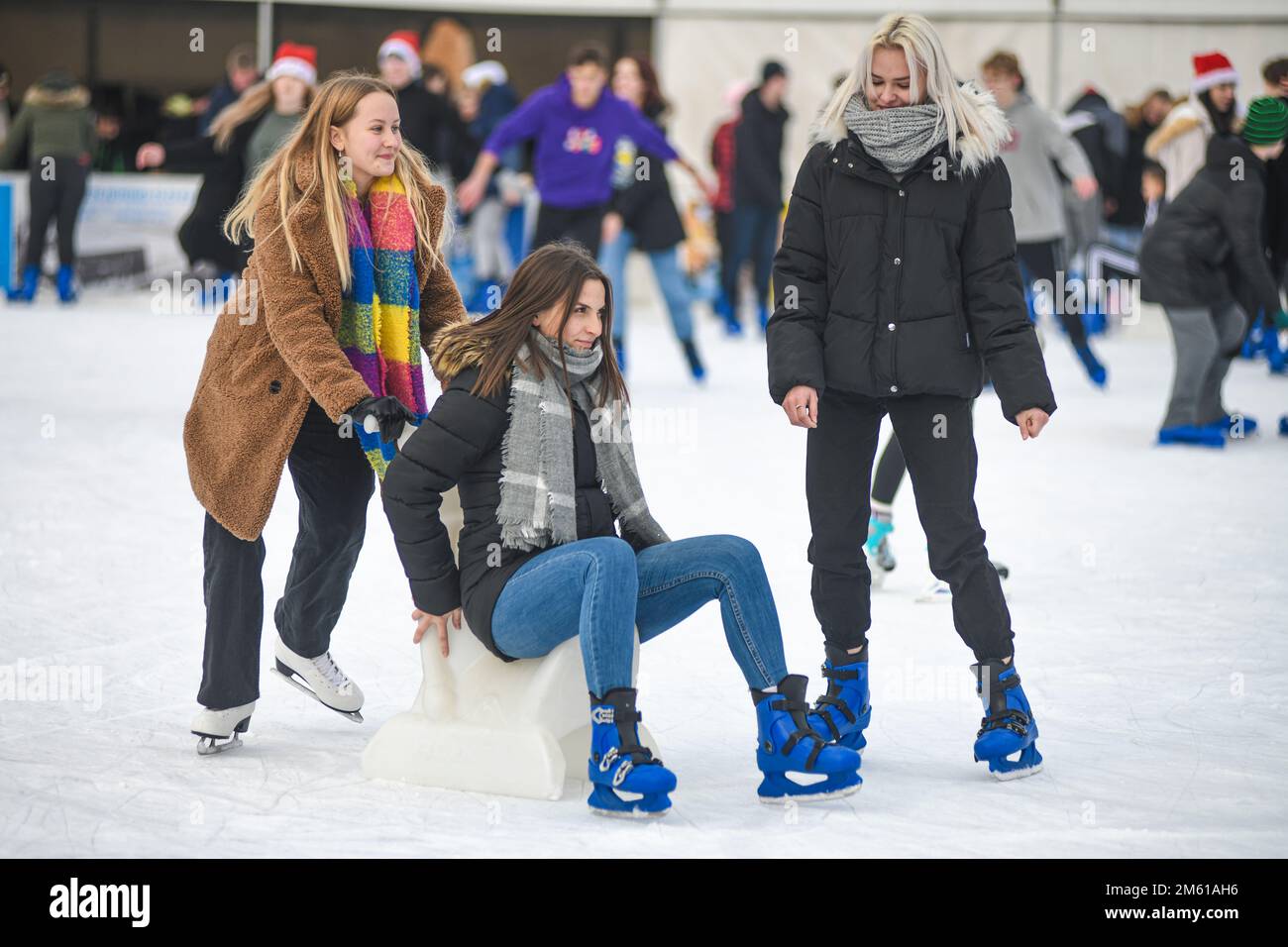 Teenagers ice skating in Varazdin during winter holidays, Croatia Stock ...