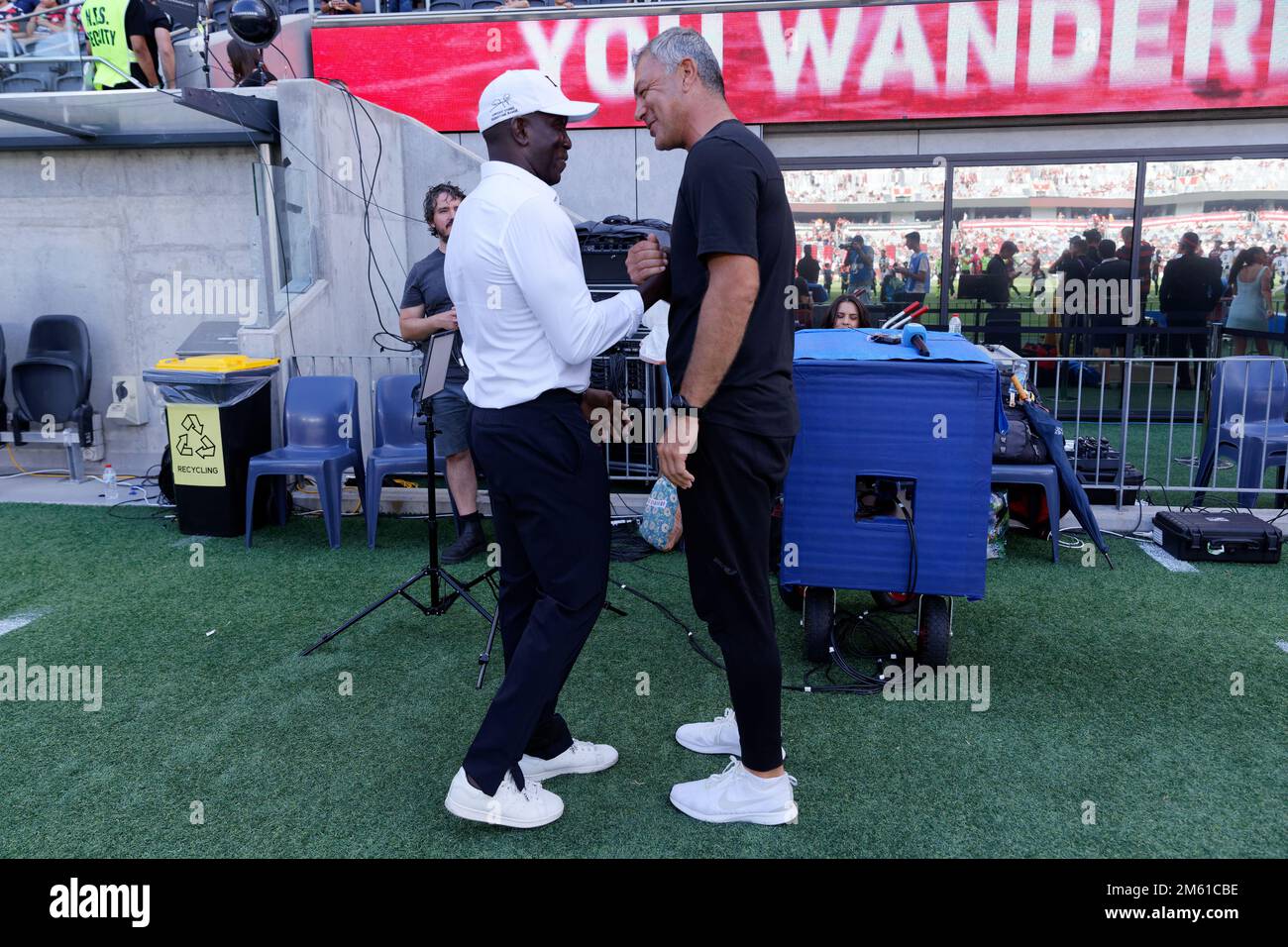 Sydney, Australia. 1st Jan 2023. Coach Dwight Yorke of Macarthur shakes ...