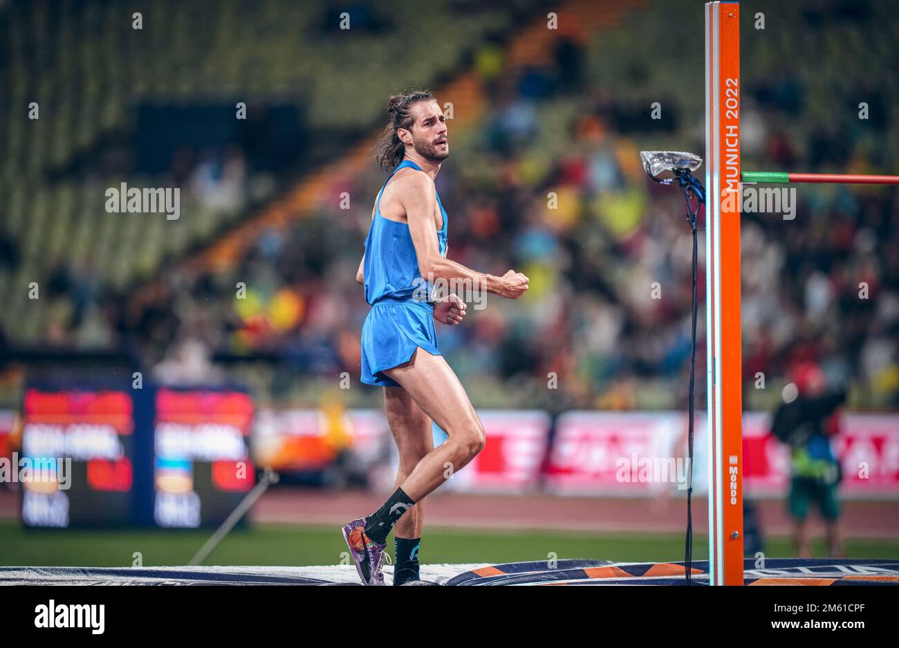 Gianmarco Tamberi participating in the high jump at the 2022 European ...