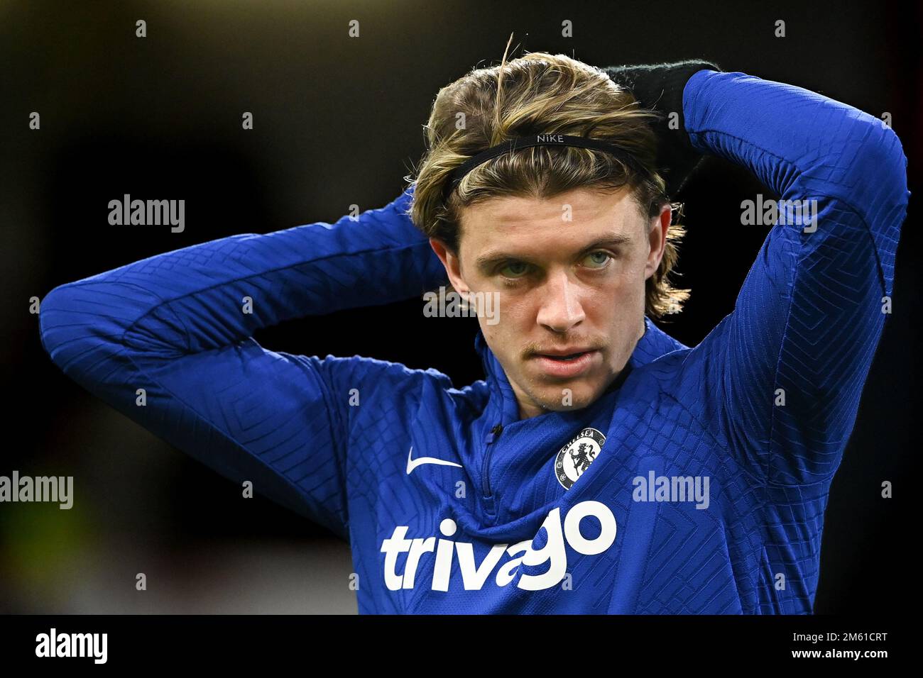 Conor Gallagher #23 of Chelsea plays with his hair before the Premier ...