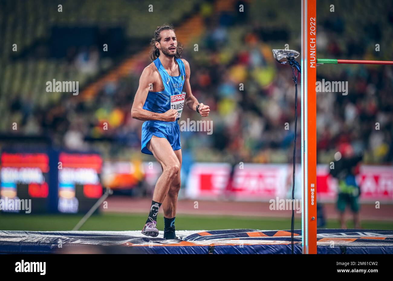 Gianmarco Tamberi participating in the high jump at the 2022 European ...