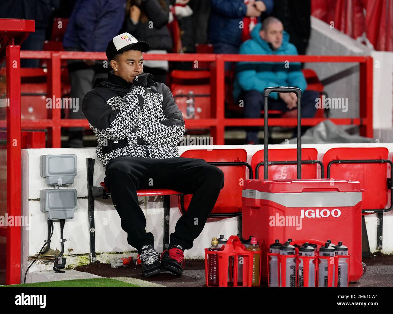 Nottingham Forest's Jesse Lingard sits on the sidelines as he attends ...