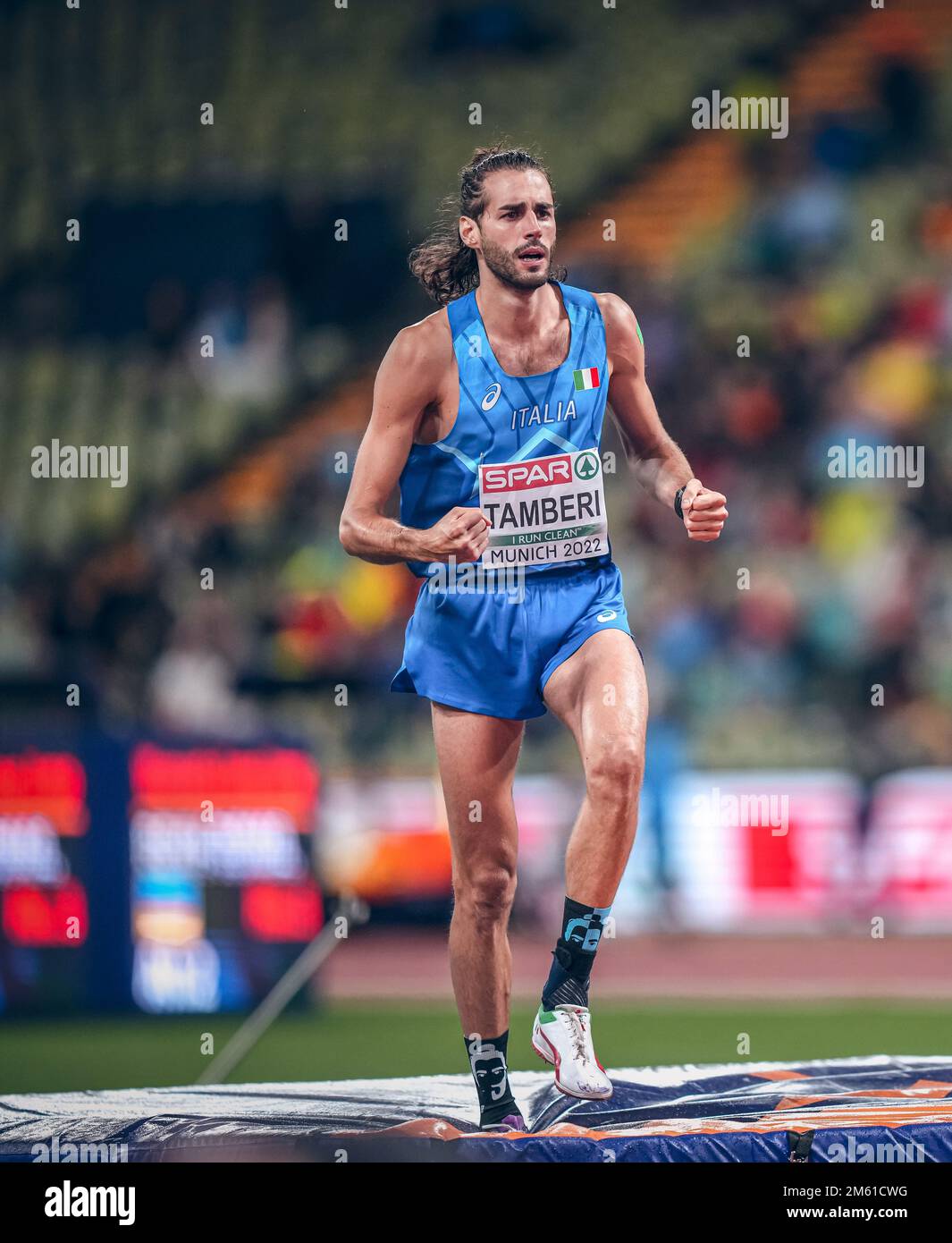 Gianmarco Tamberi participating in the high jump at the 2022 European ...