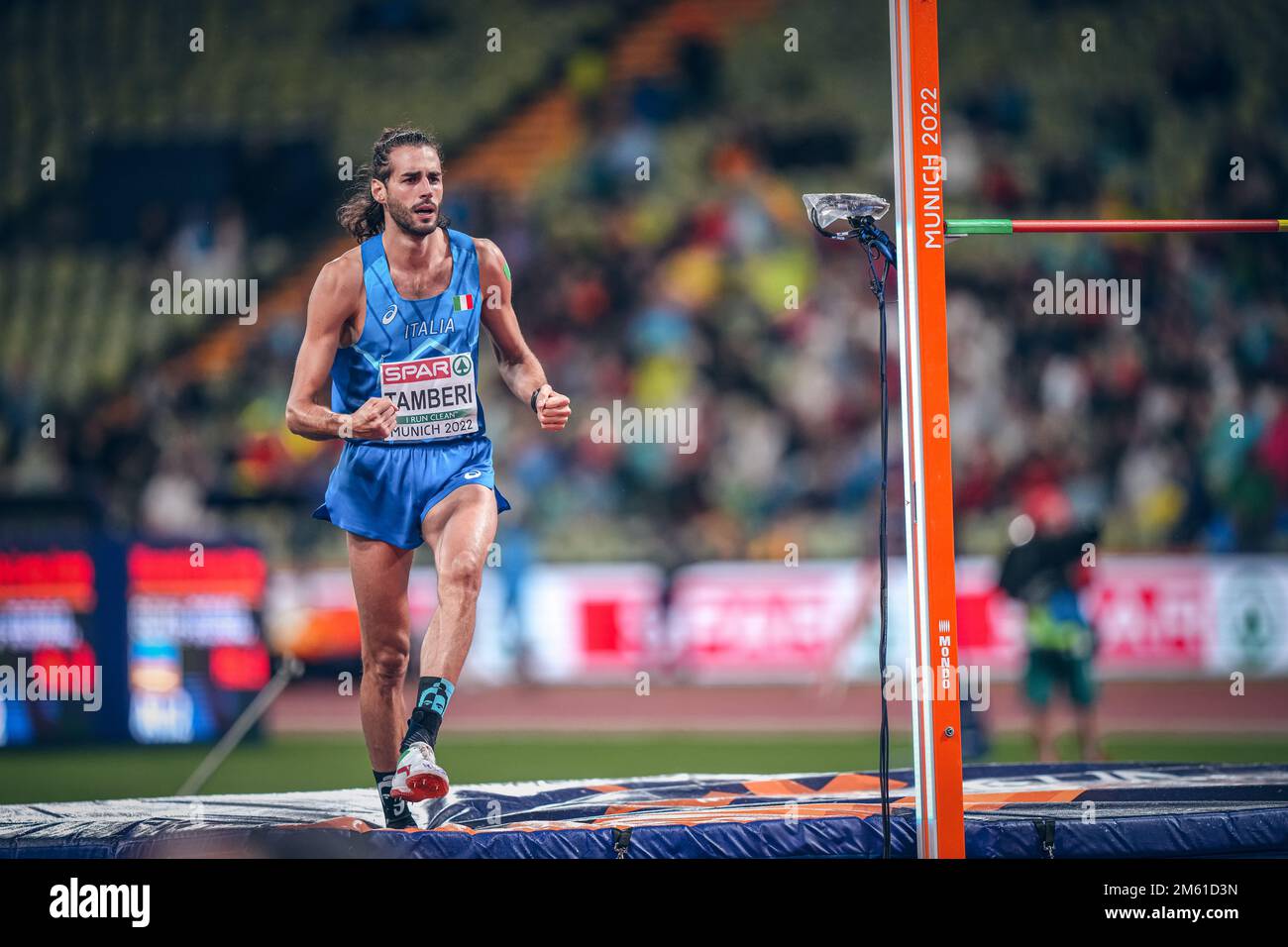 Gianmarco Tamberi participating in the high jump at the 2022 European ...