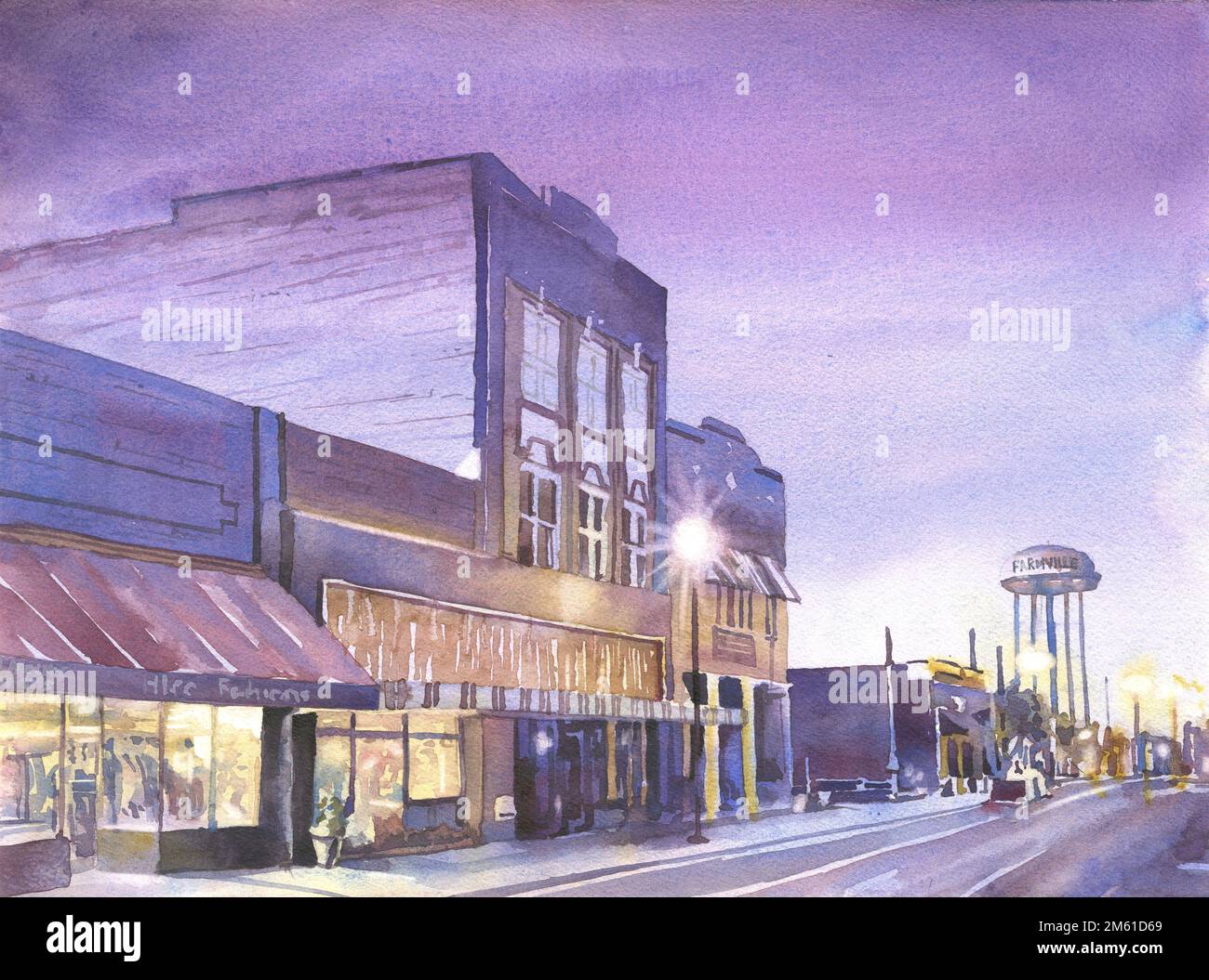 Watertower and storefronts of Farmville, NC. Watercolor painting small ...