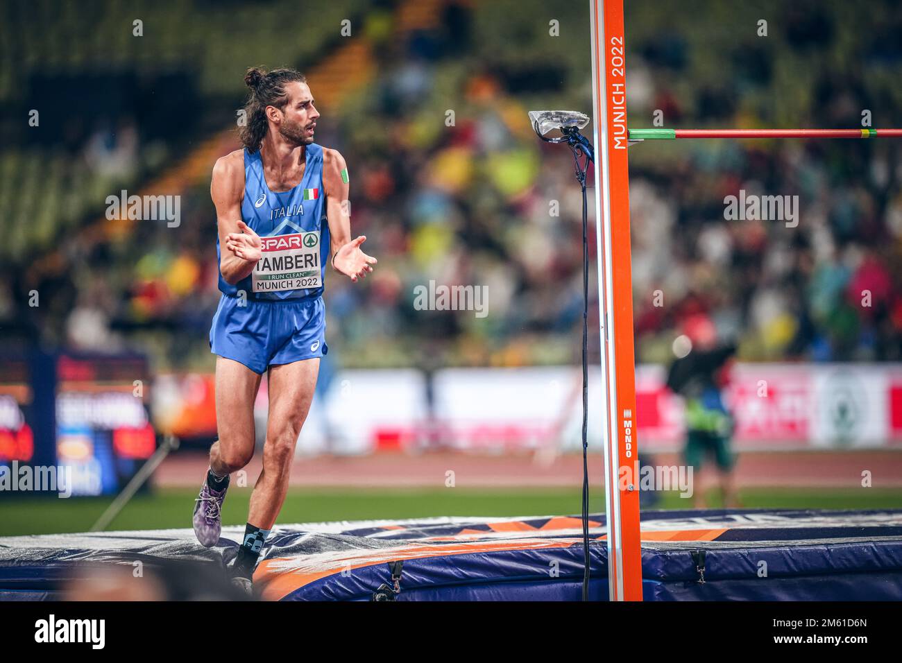 Gianmarco Tamberi participating in the high jump at the 2022 European ...