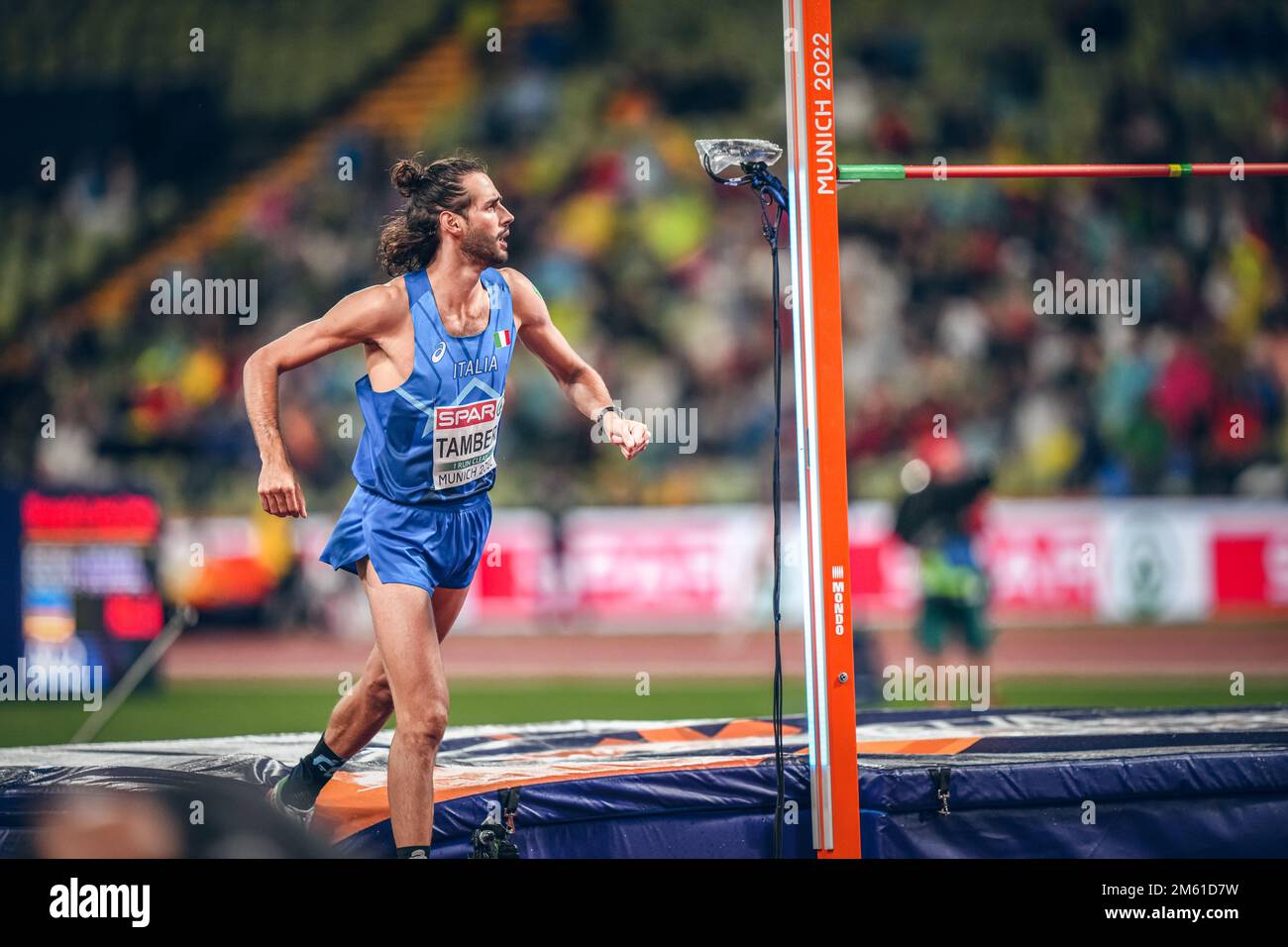 Gianmarco Tamberi participating in the high jump at the 2022 European ...