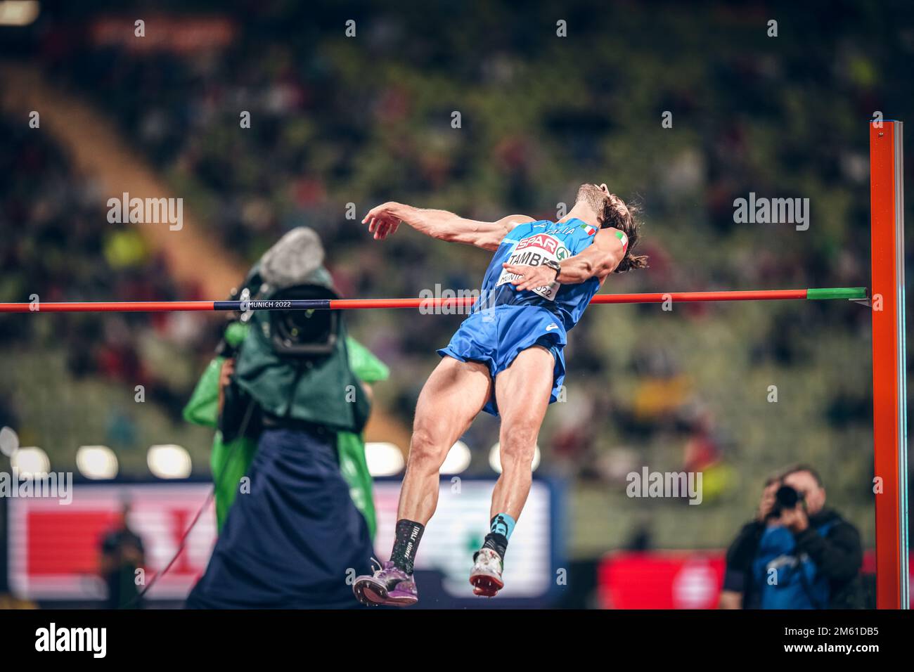 Gianmarco Tamberi participating in the high jump at the 2022 European ...