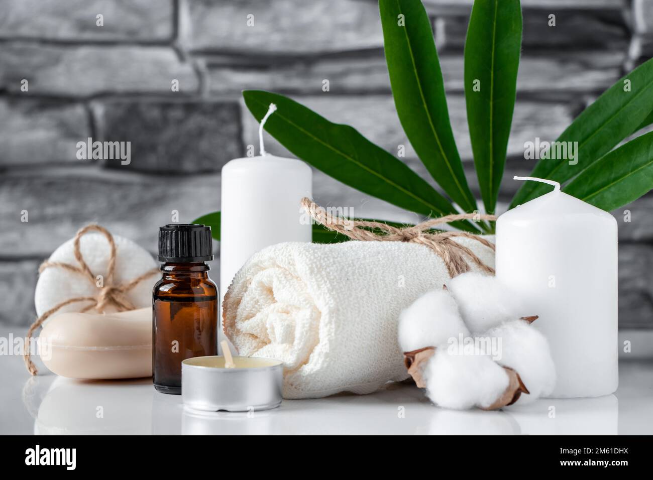 Spa and wellness accessories on gray stone background. Concept of face ...