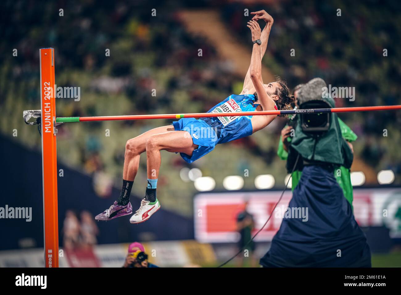 Gianmarco Tamberi jumping in the high jump at the European Athletics ...