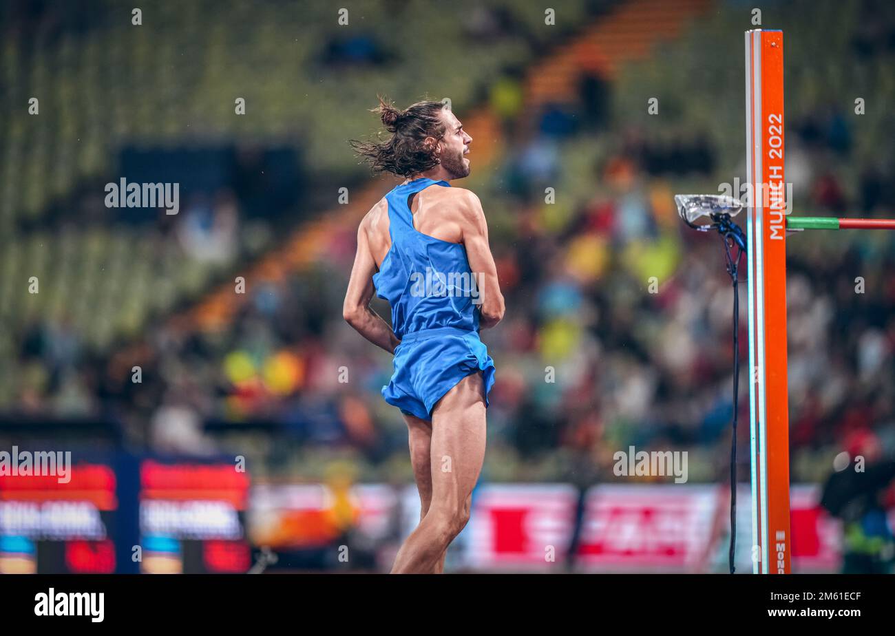 Gianmarco Tamberi participating in the high jump at the 2022 European ...