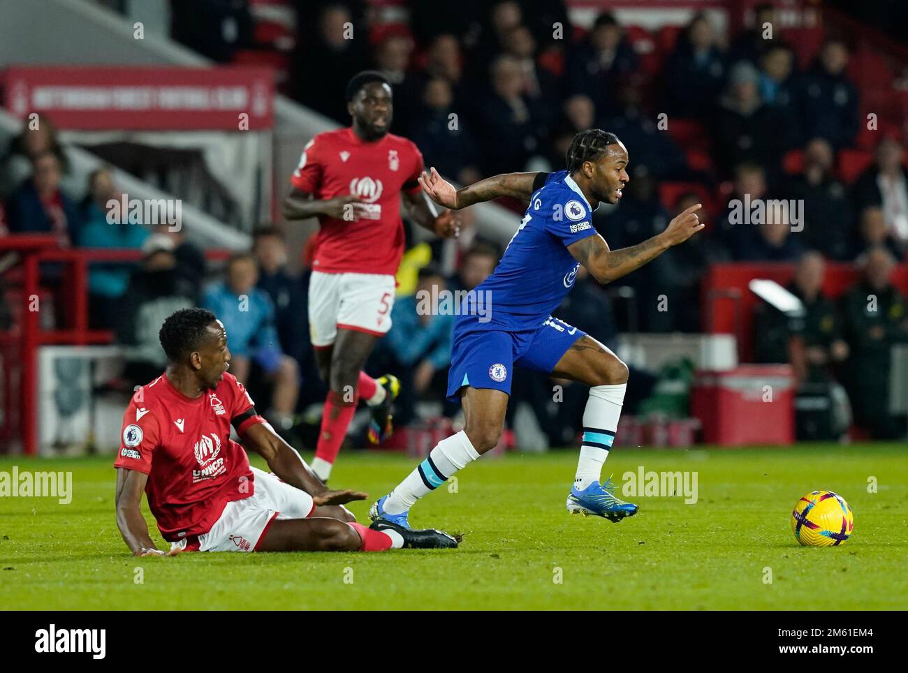 Nottingham, UK. 1st Jan, 2023. Raheem Sterling of Chelsea escapes Willy ...