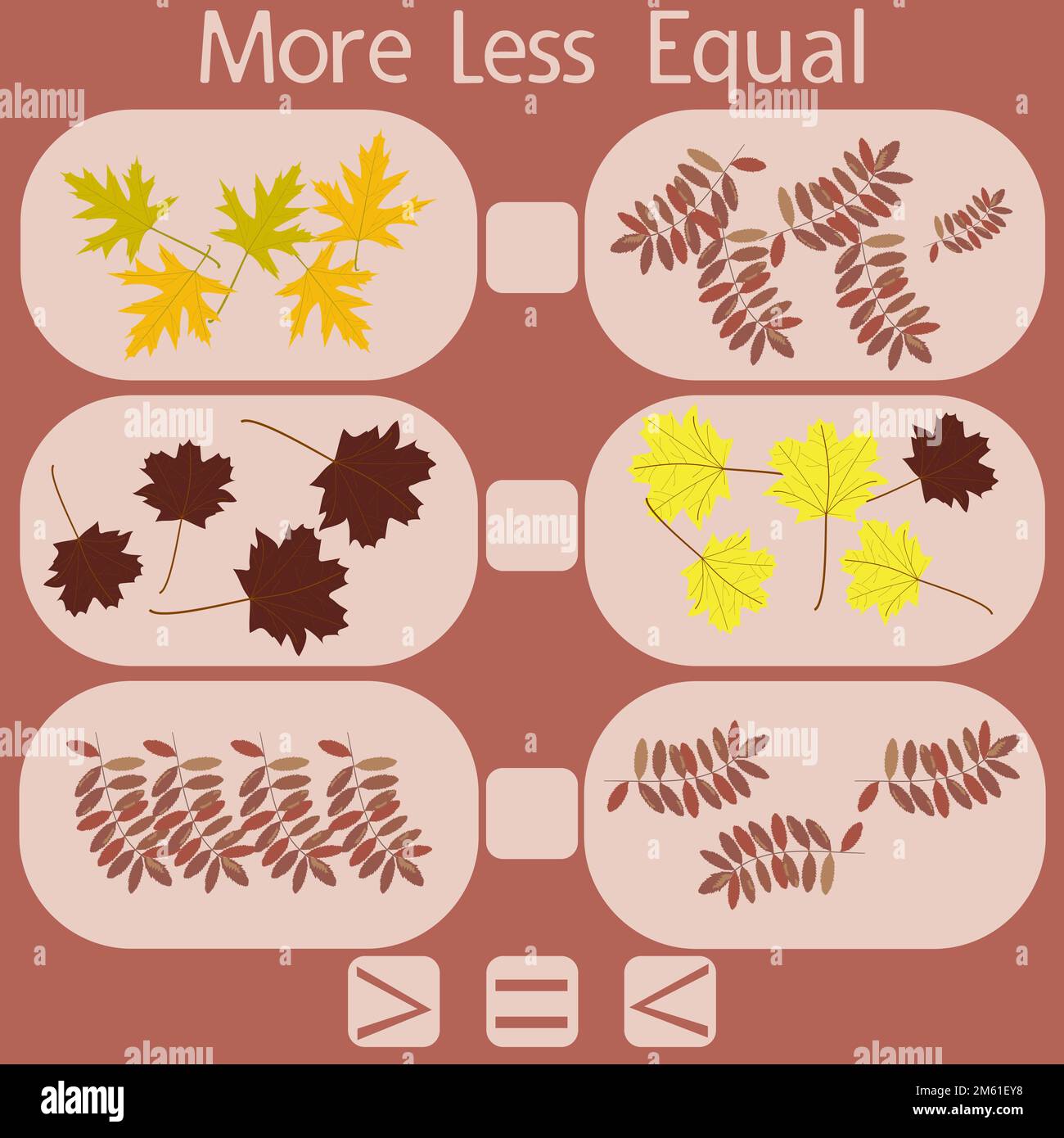 count the autumn leaves in the picture and put a sign greater than ...