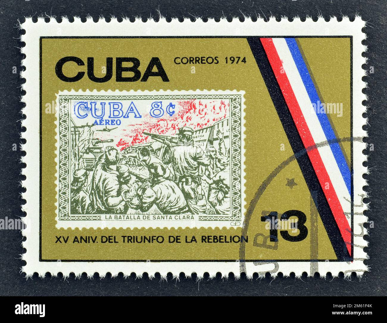 Cancelled postage stamp printed by Cuba, that shows Old Cuban stamp XV ...