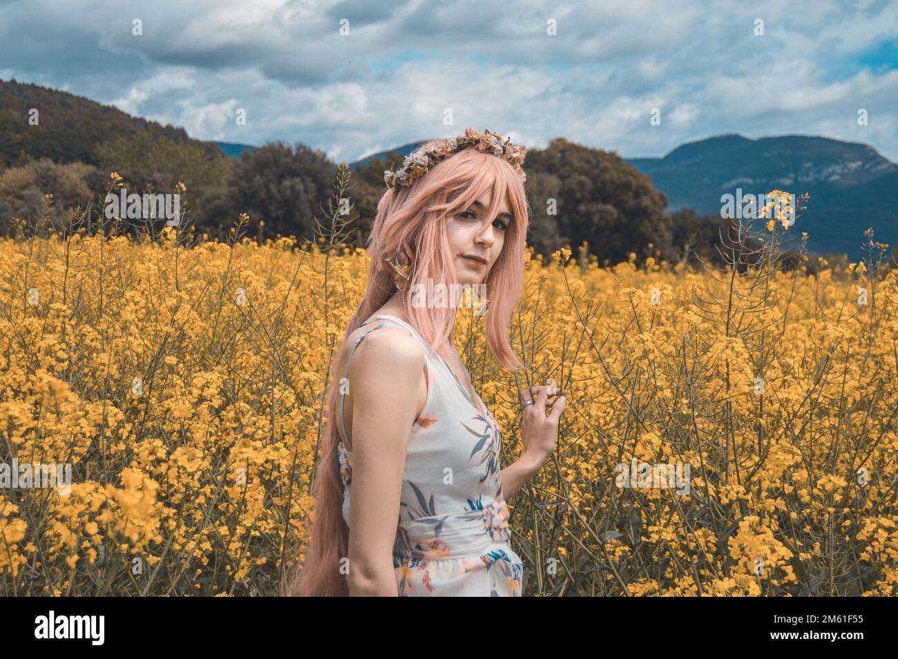 Girl in a long summer chiffon dress, wearing a pink wig and a flower ...