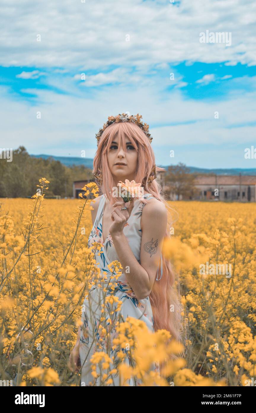Girl in a long summer chiffon dress, wearing a pink wig and a flower ...