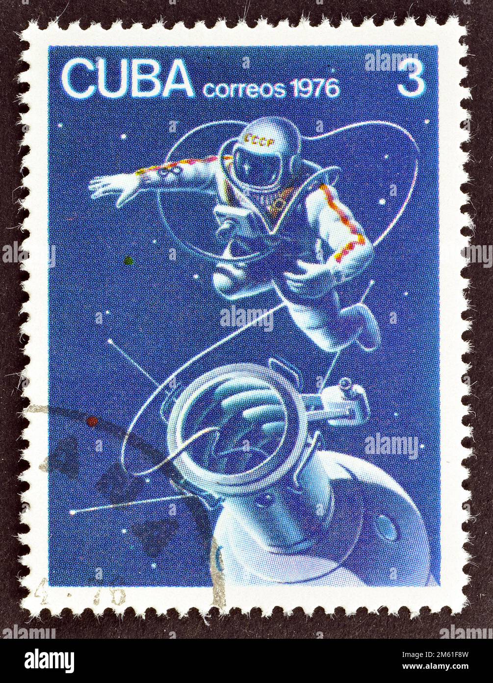 Cancelled postage stamp printed by Cuba, that shows A. Leonov's Space ...