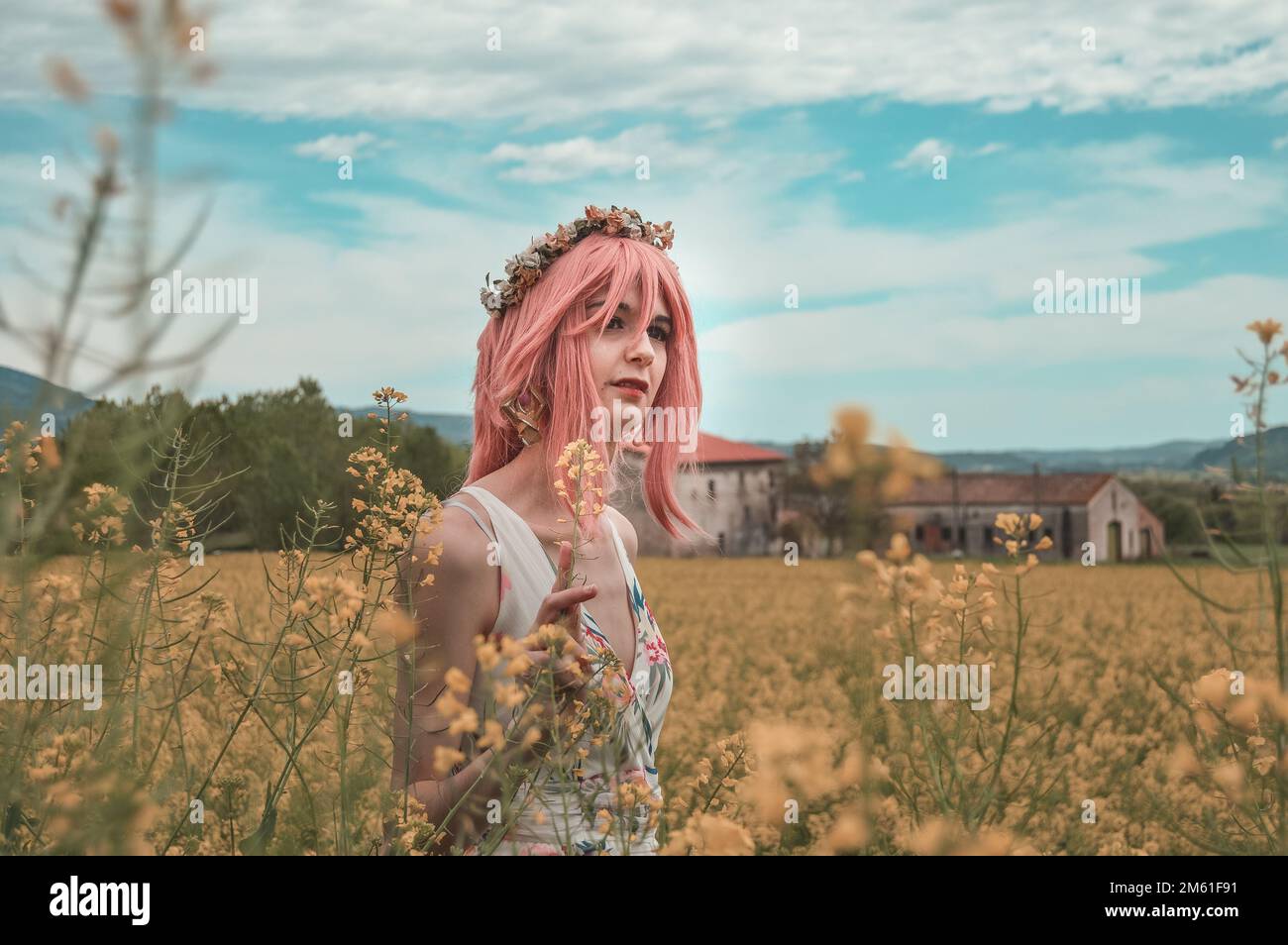 Girl in a long summer chiffon dress, wearing a pink wig and a flower ...
