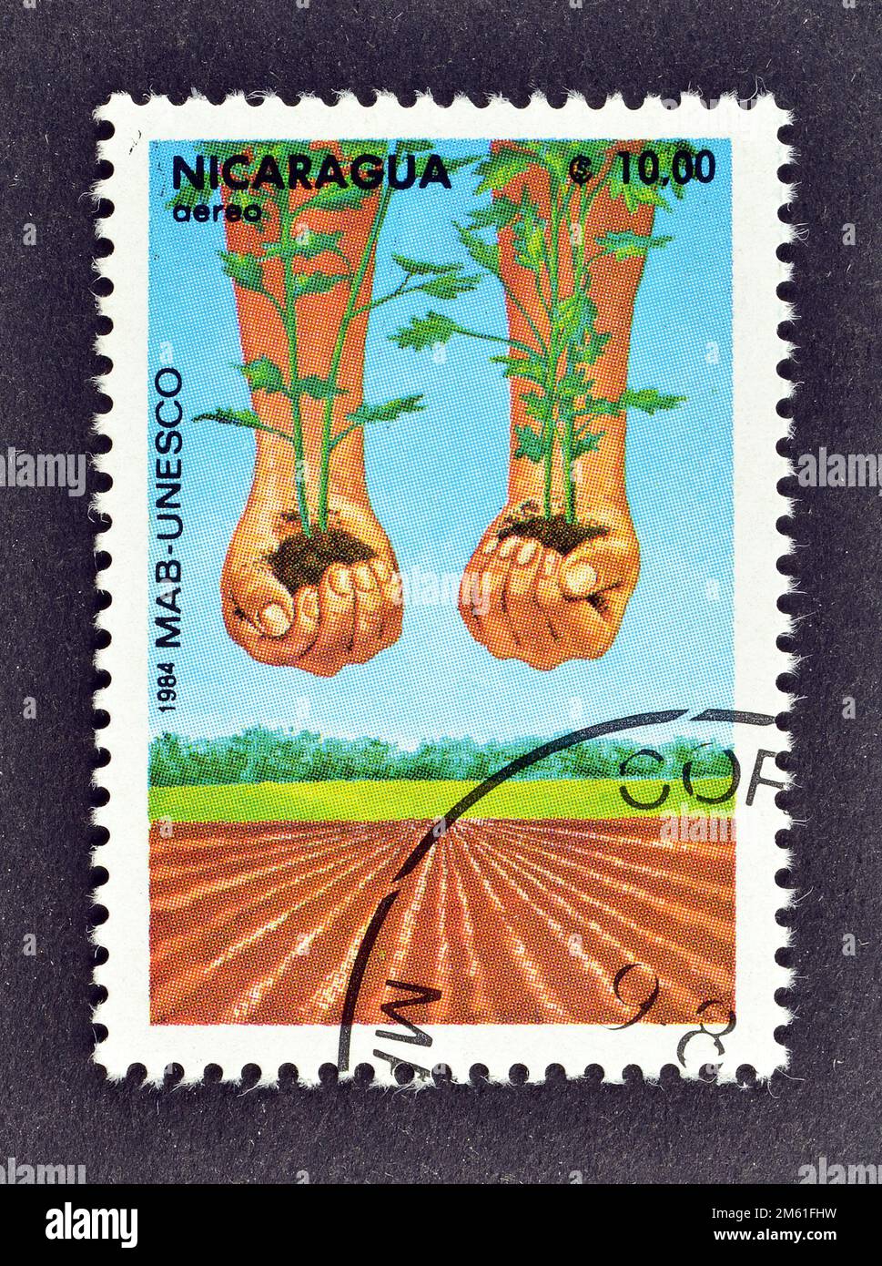 Cancelled postage stamp printed by Nicaragua, that shows Farmland ...