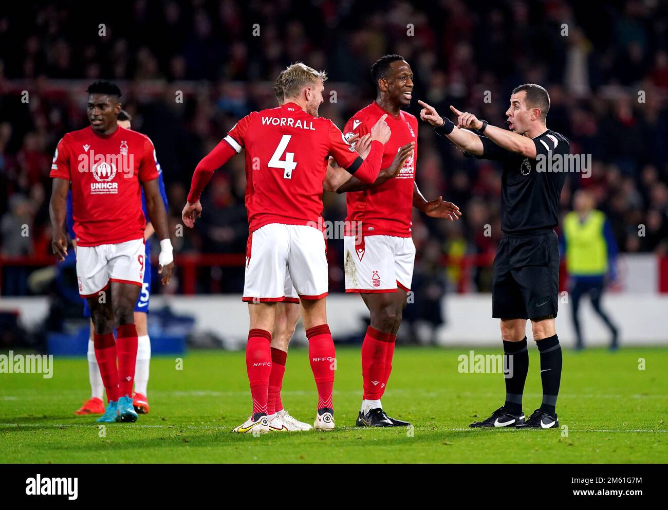 Nottingham Forest's Joe Worrall exchanges words with referee Peter ...