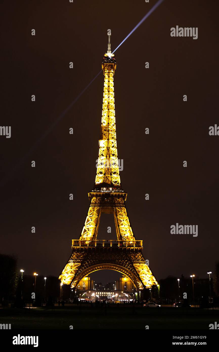 Eiffel Tower at Night, Lights and Searchlight, Paris, France Stock ...