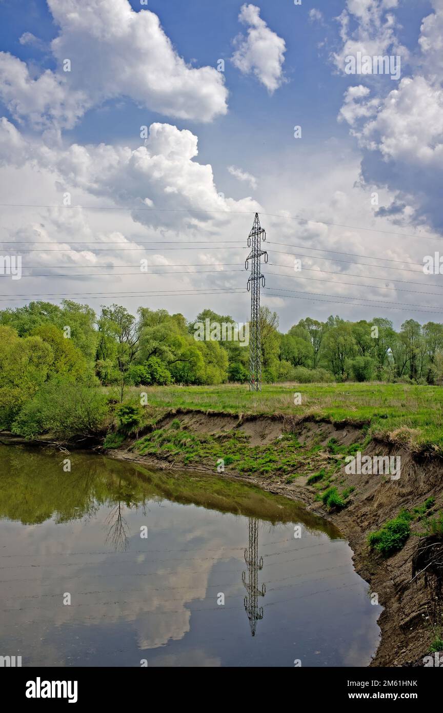 Landscape of Poodri region with river meanders and electric poles ...