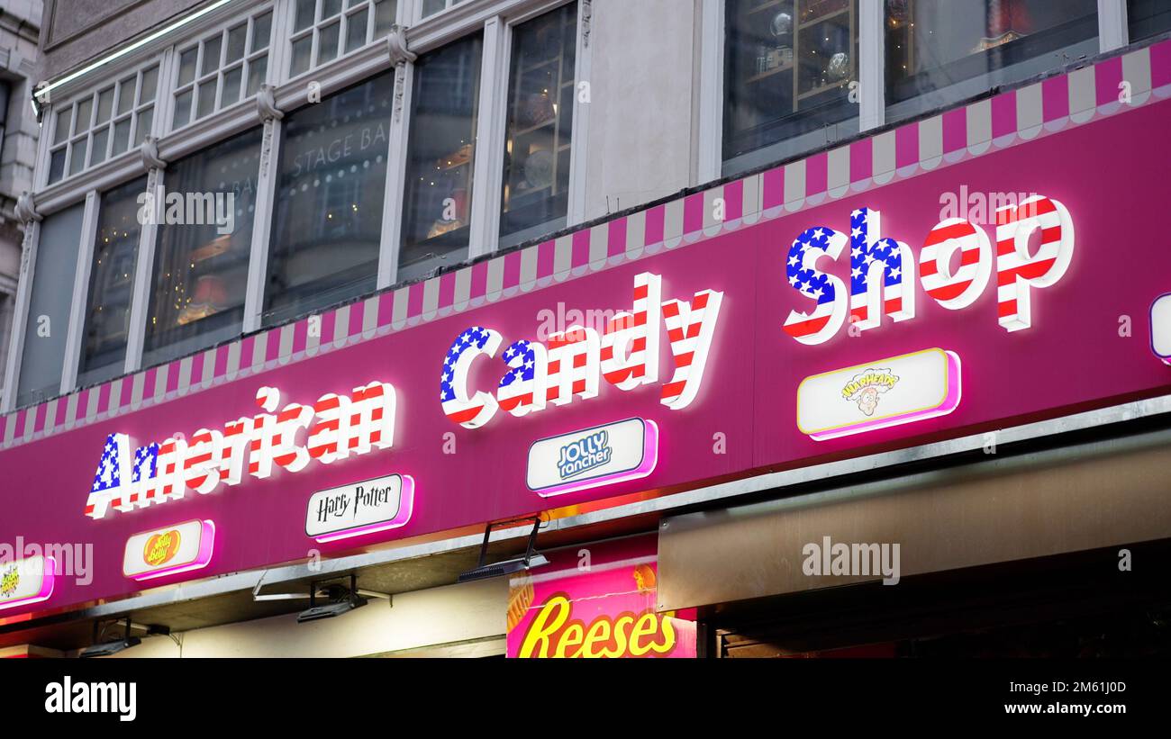 American candy shop in London - LONDON, UK - DECEMBER 20, 2022 Stock ...
