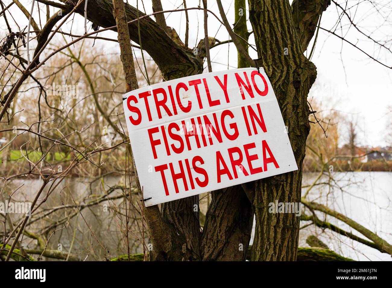 Strictly no fishing in the area signpost against trees and water Stock ...