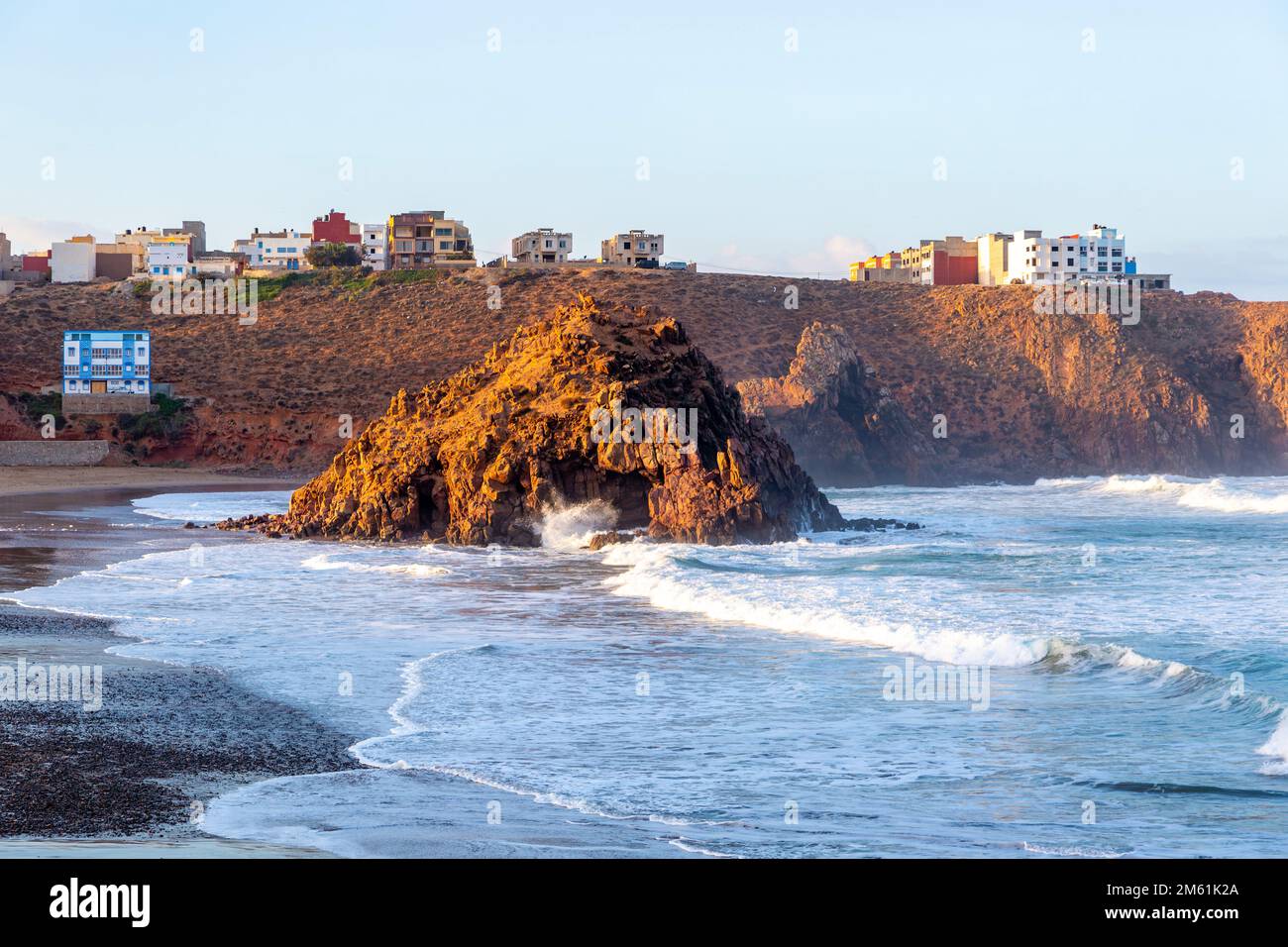 Beach and coastline in bay, Plage Sidi Mohammed Ben Abdellah, Mirleft ...