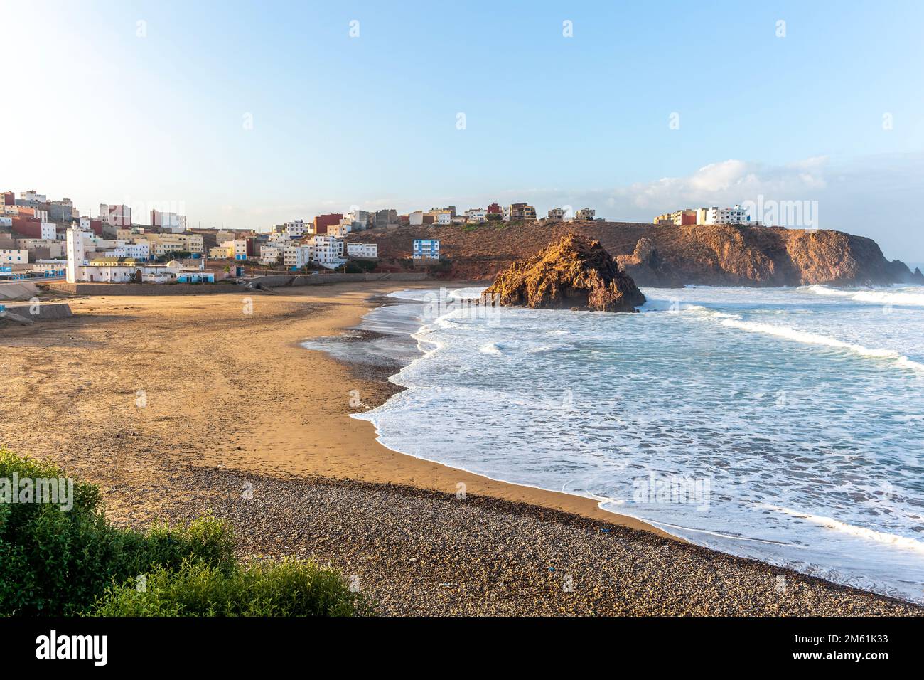 Beach and coastline in bay, Plage Sidi Mohammed Ben Abdellah, Mirleft ...