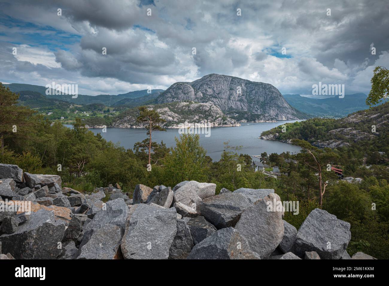 An aerial view of the clear fjord near natural scenery in Viskavegen ...