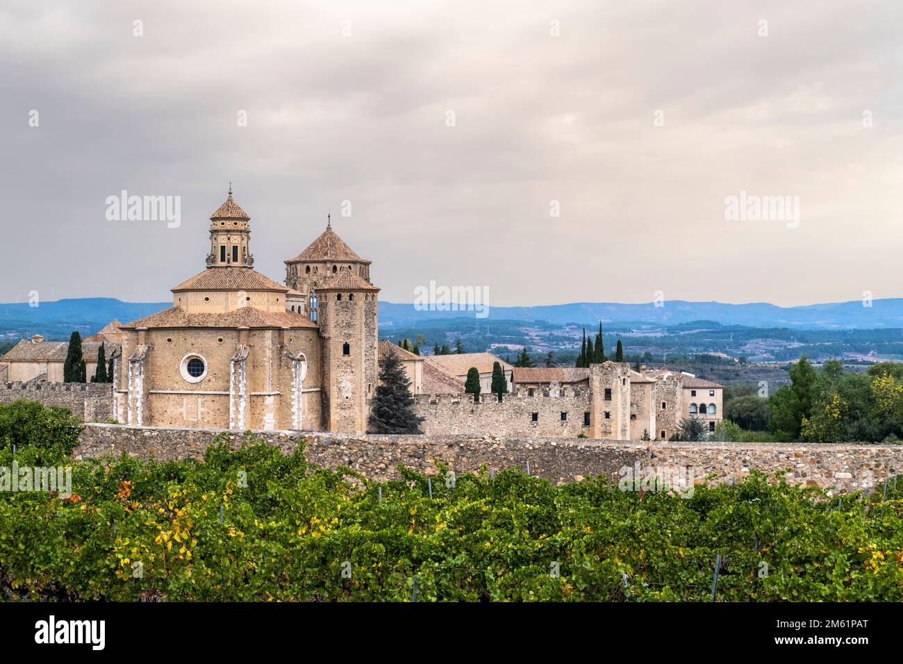An aerial view of the royal monastery of Santa Maria de Poblet ...