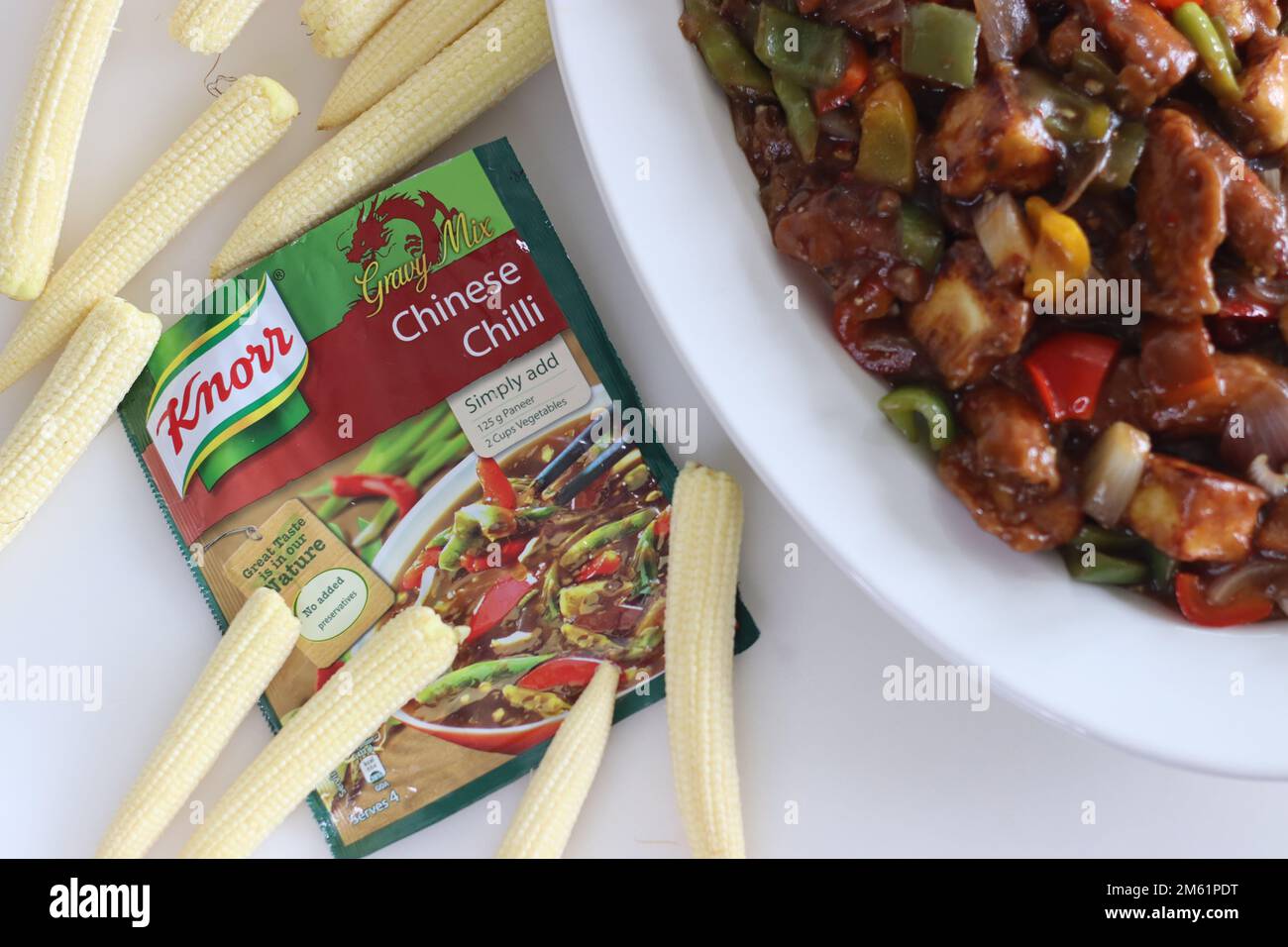 Mumbai, India, January 01 2023: Chilly paneer with baby corn along with ...