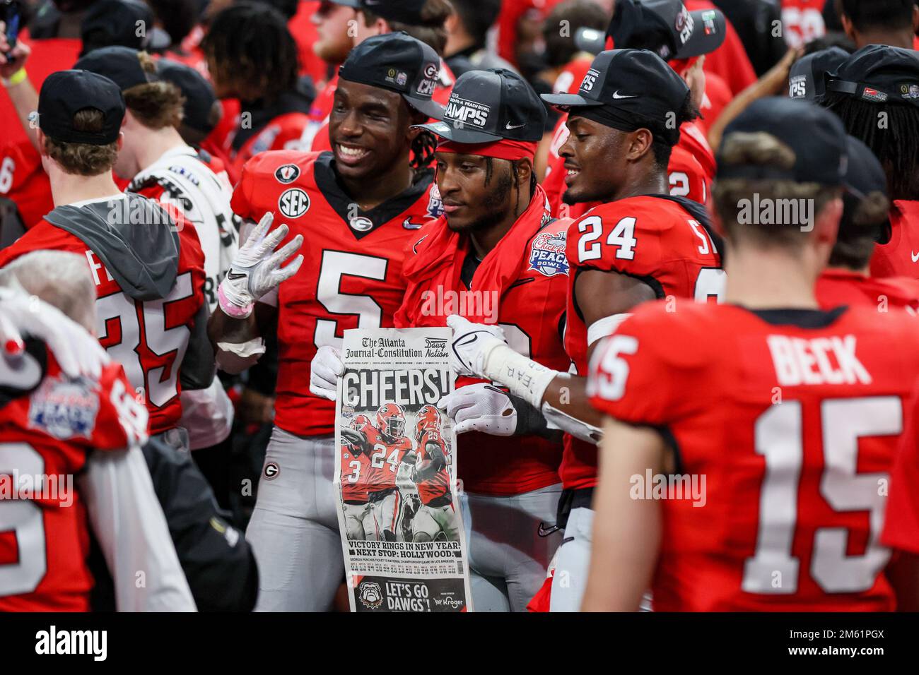 Atlanta, Georgia, USA. 1st Jan, 2023. Georgia Bulldogs players hold up ...