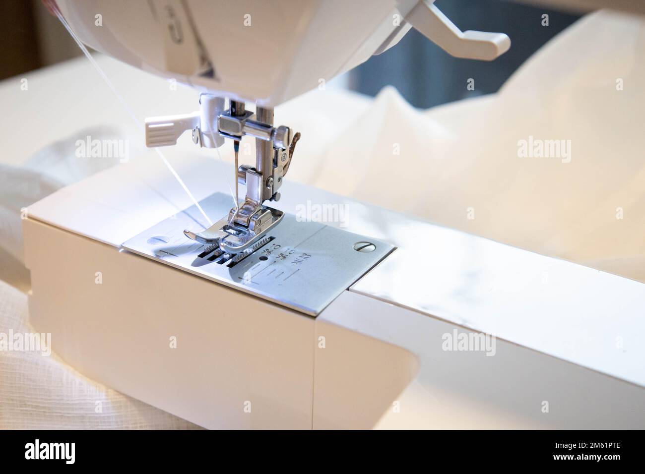 Close up top side view of professional manufacturing machine at ...