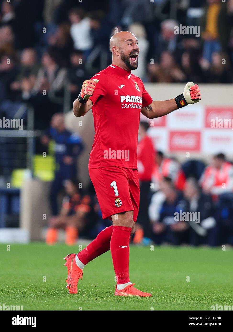Pepe Reina of Villarreal CF celebrates a goal during the La Liga match ...