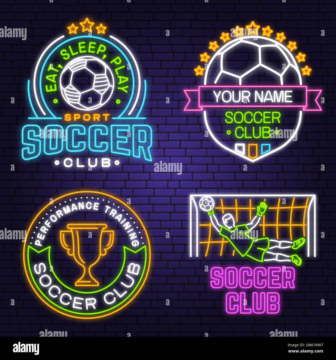 Set of Soccer, football club Bright Neon Sign. Vector illustration. For ...