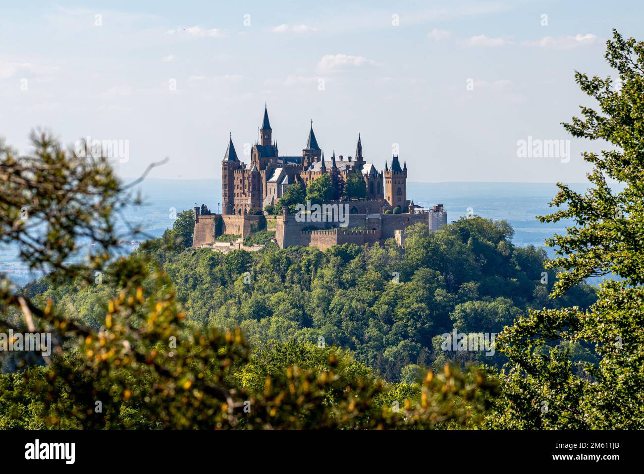 hohenzollern castle closeup with forest in foreground and blue sky ...