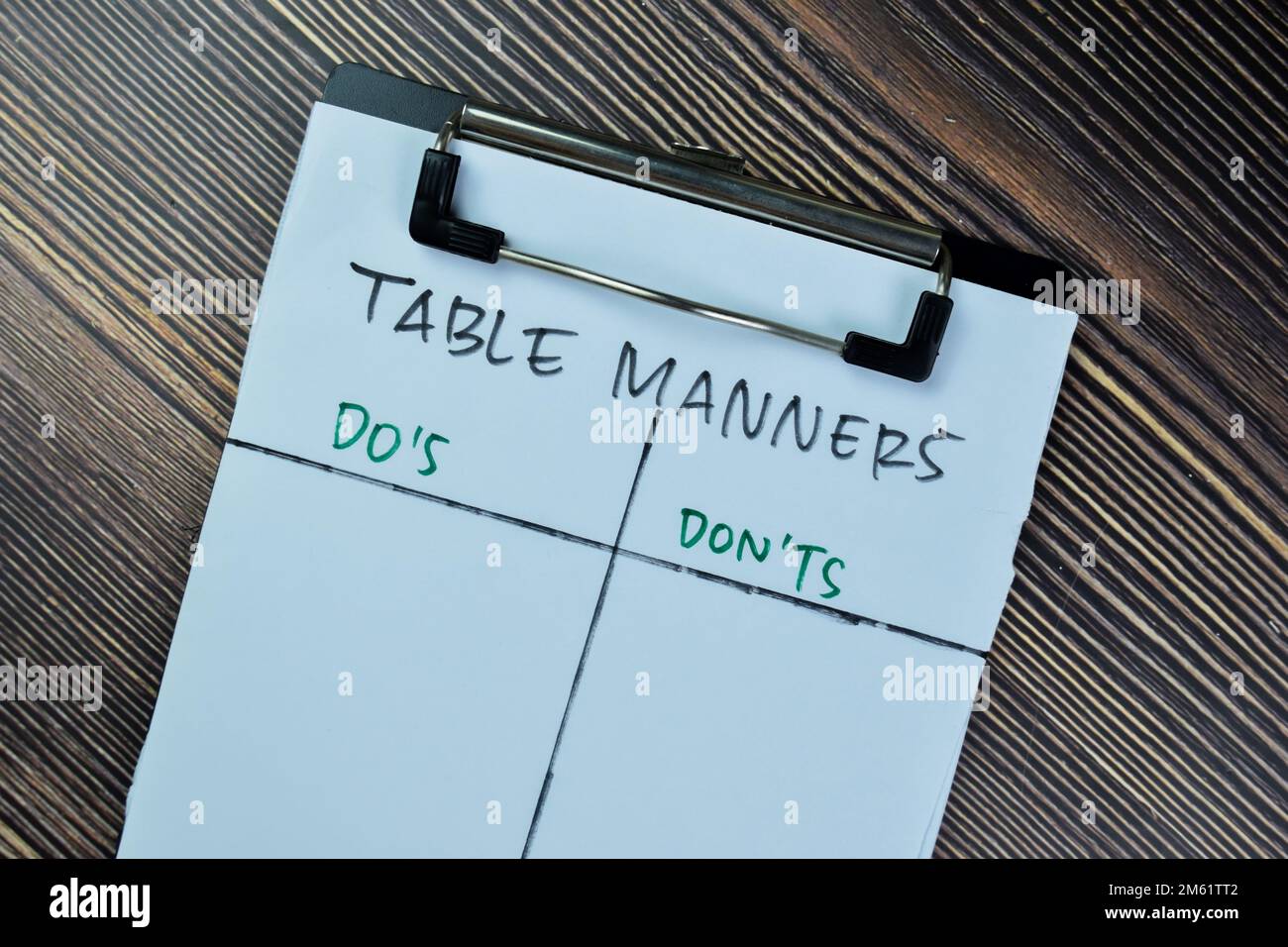 Concept of Table Manners with Do's and Don'ts write on paperwork isolated on Wooden Table Stock ...