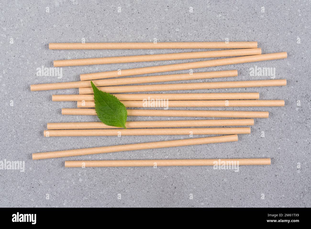 Eco paper drinking straws with green leaf as a symbol of sustainable ...