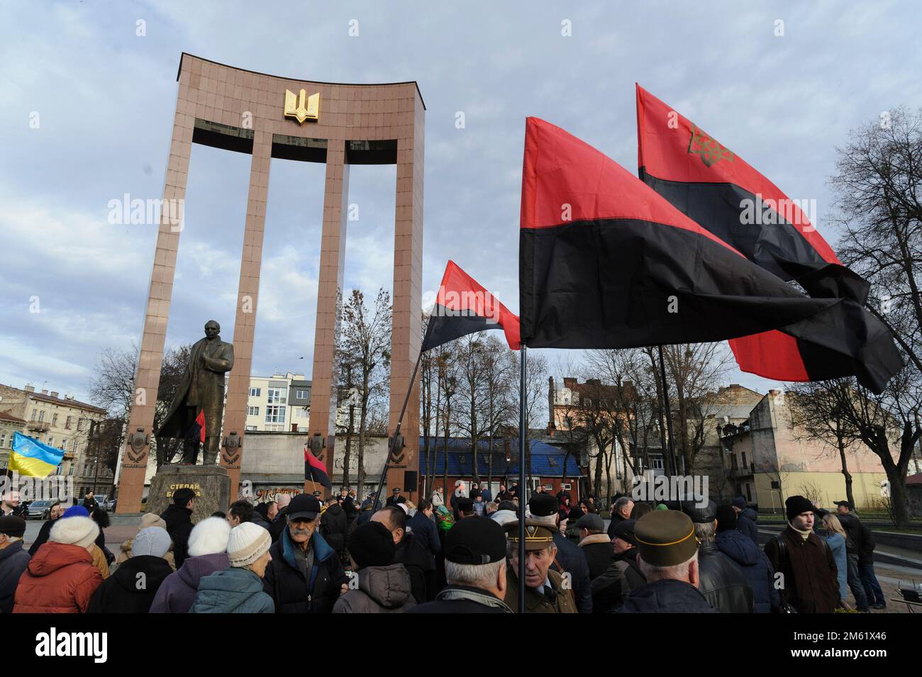 Lviv, Ukraine. 01st Jan, 2023. People gather at the monument to the ...