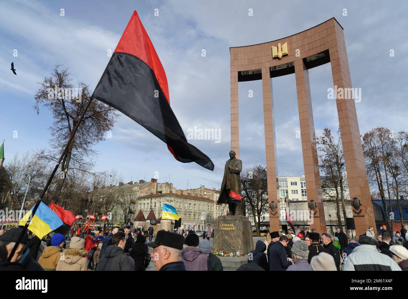 Lviv, Ukraine. 01st Jan, 2023. People gather at the monument to the ...