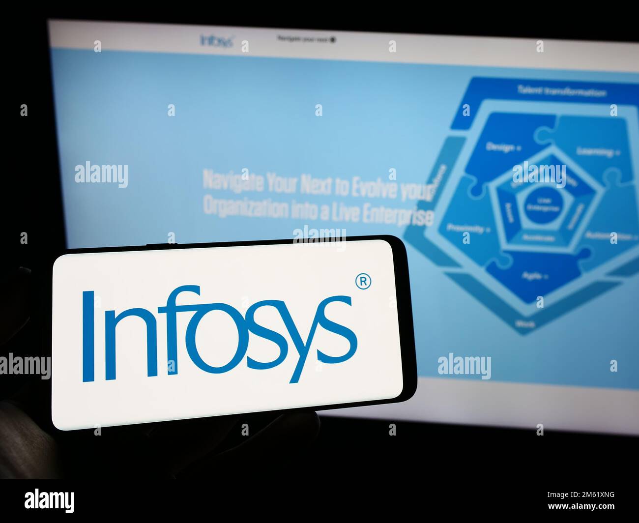 Person holding mobile phone with logo of Indian IT company Infosys ...