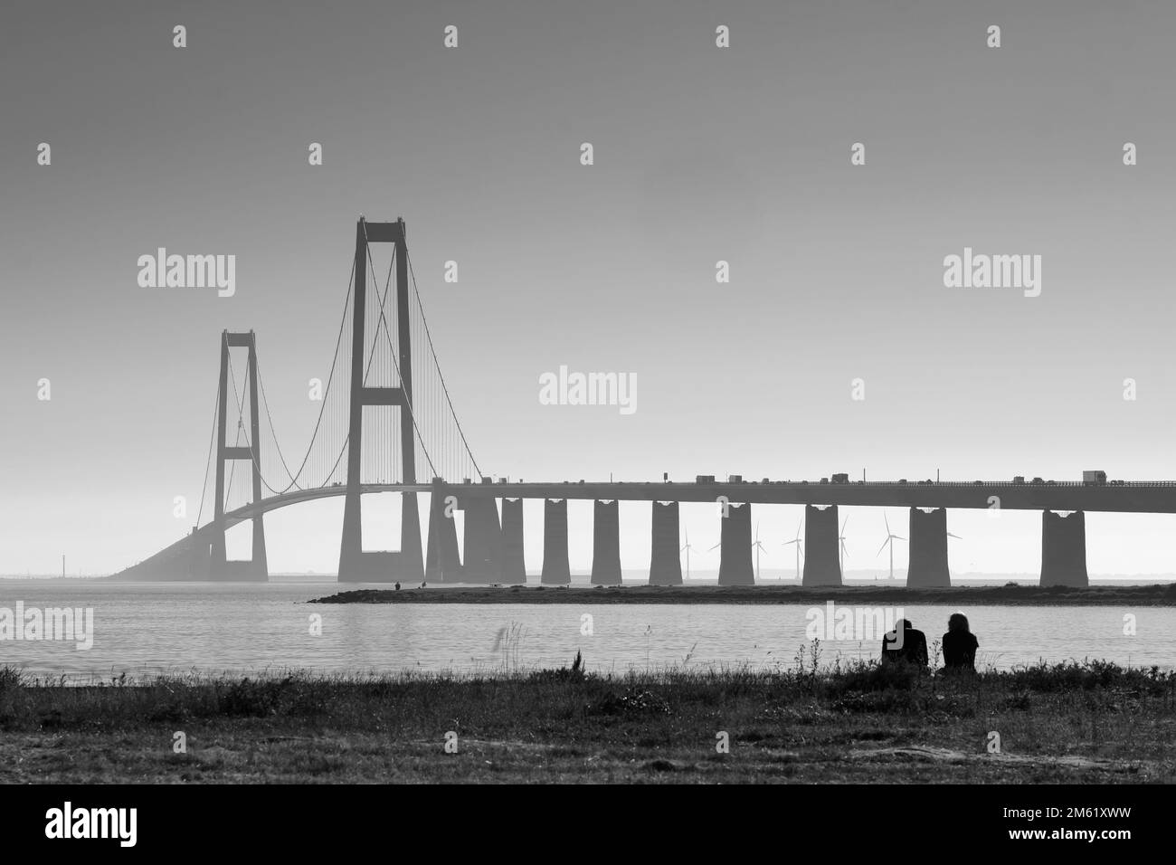 A greyscale shot of the Storebaelt Bridge, Denmark Stock Photo - Alamy