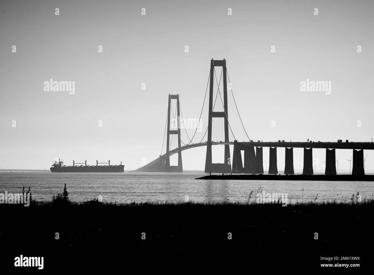A greyscale shot of the Storebaelt Bridge, Denmark Stock Photo - Alamy