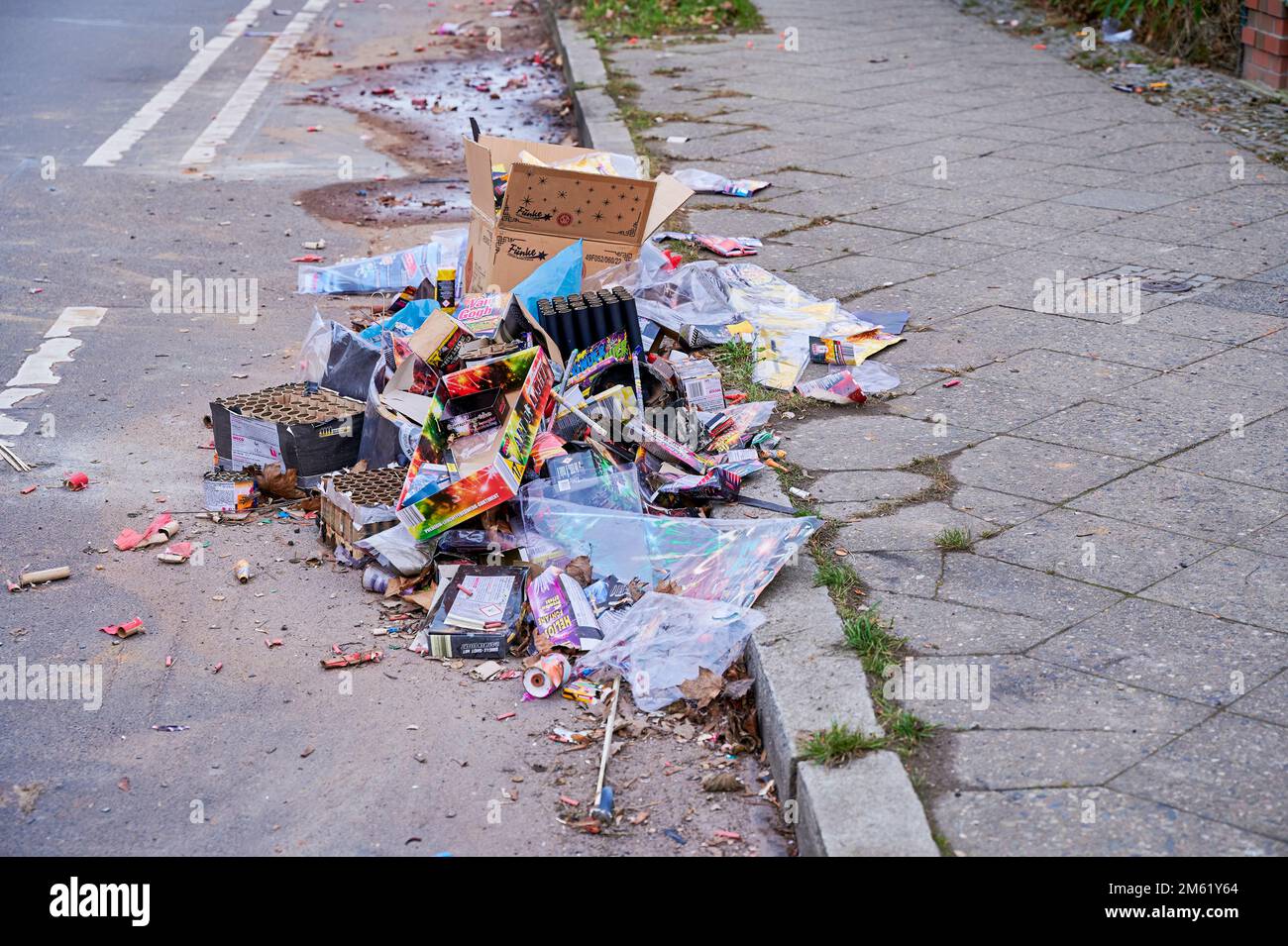 Berlin, Germany - January 1, 2023: Various remains of a New Year's Eve ...