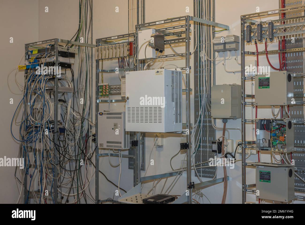 Close up view of interior technical computer room with all cable ...