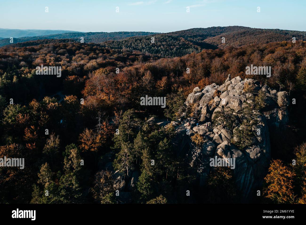 View of the Dovbush Rocks from the mountain, beautiful autumn landscape ...