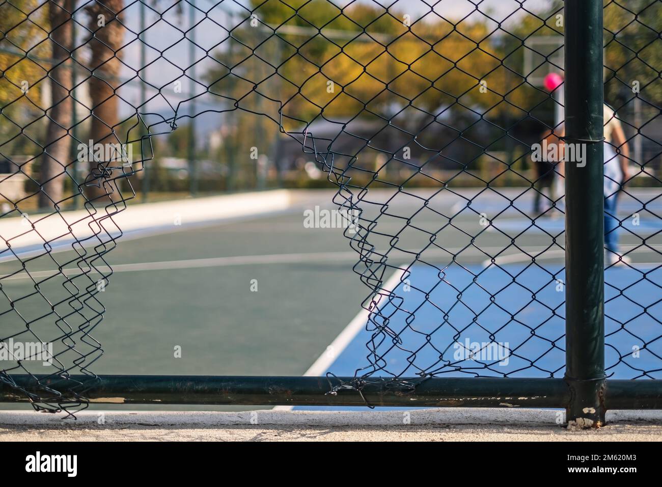 Hole in the fence. Mesh wire boundary. Steel mesh barrier fence Stock ...
