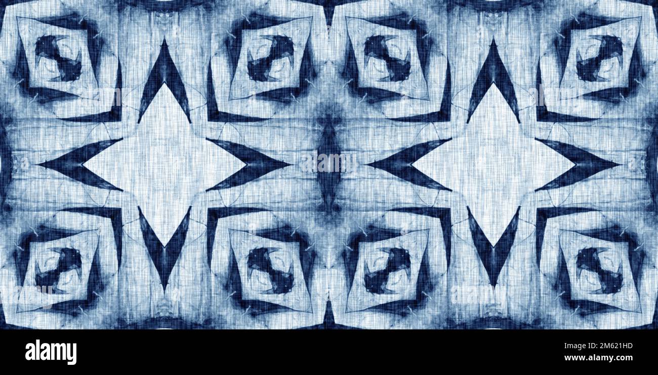 Indigo dye wash coastal damask seamless border pattern. Washed out ...